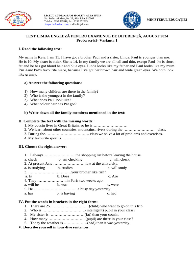 Test Cls A 6 A Examen de Diferenta | PDF