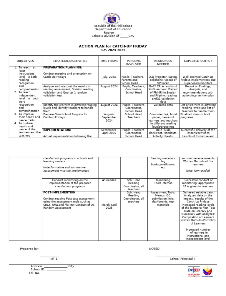action plan for CATCH UP FRIDAY | PDF