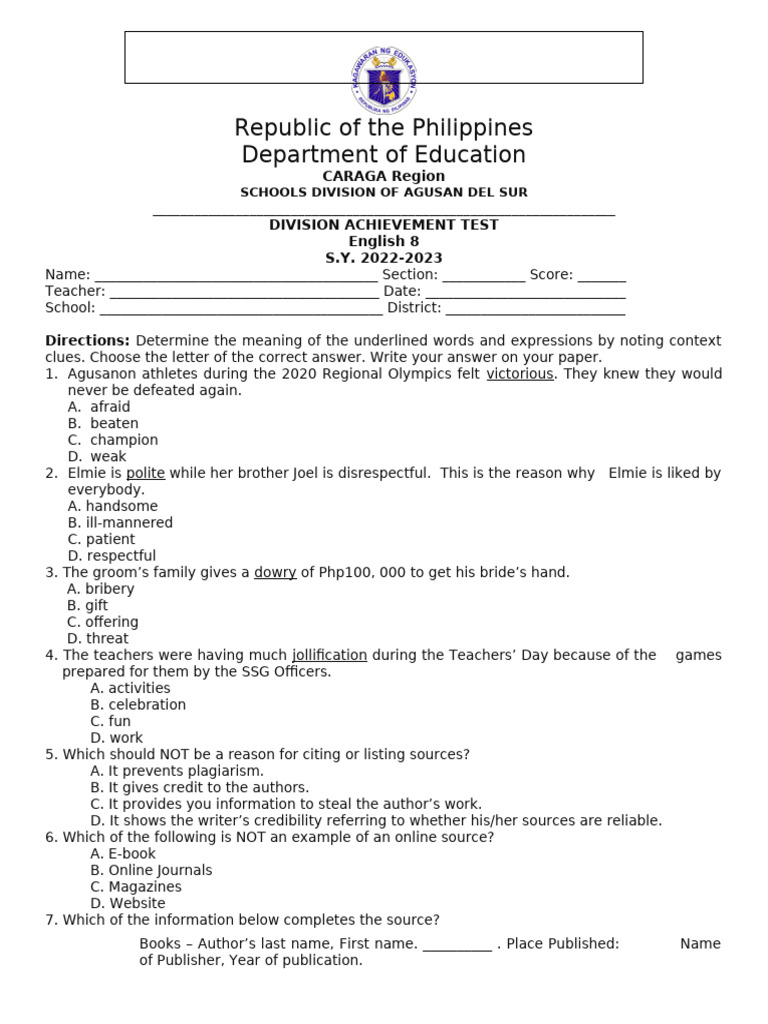 Eng8 Diagnostic-Test | PDF