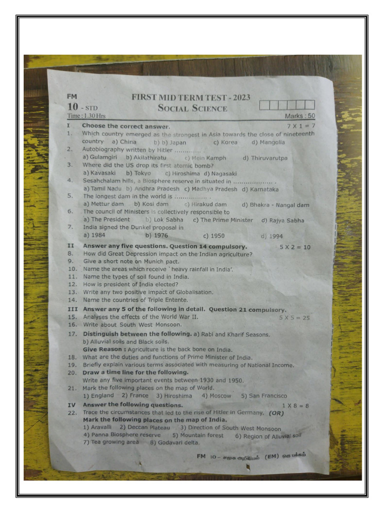 10th Social EM 1st Mid Term Exam 2023 Original Question Paper ...