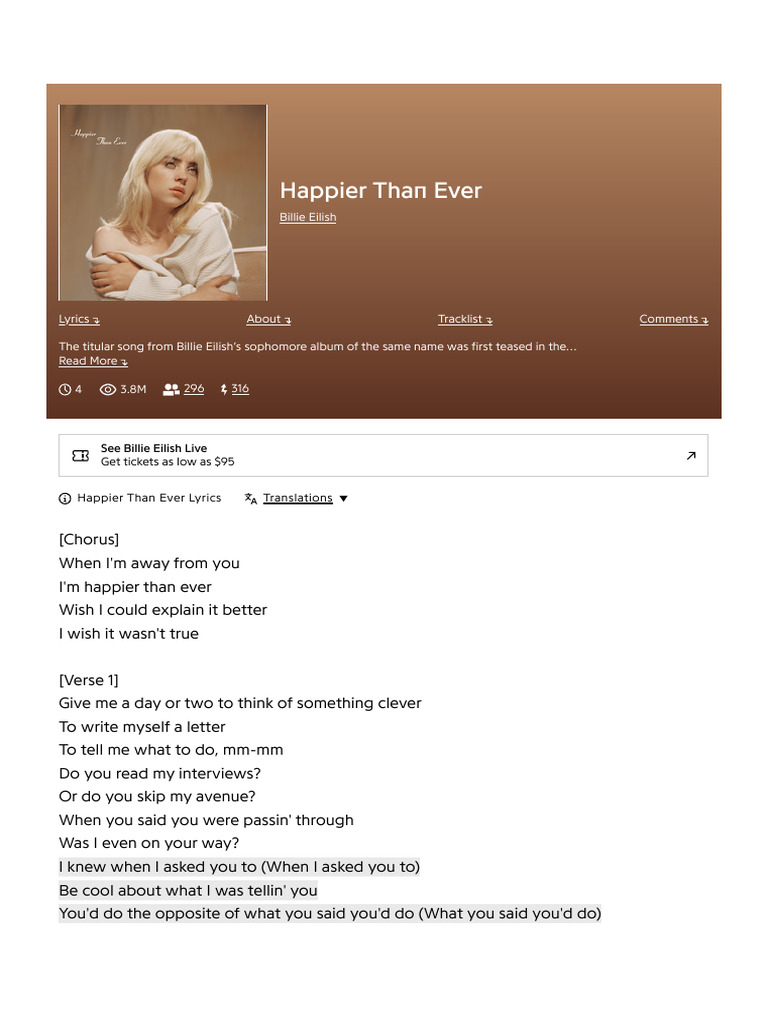 Billie Eilish - Happier Than Ever Lyrics - Genius Lyrics | PDF