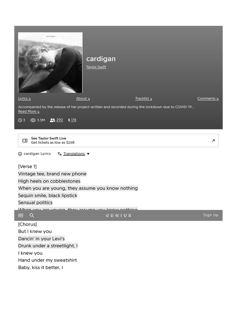 Taylor Swift - Cardigan Lyrics - Genius Lyrics | PDF