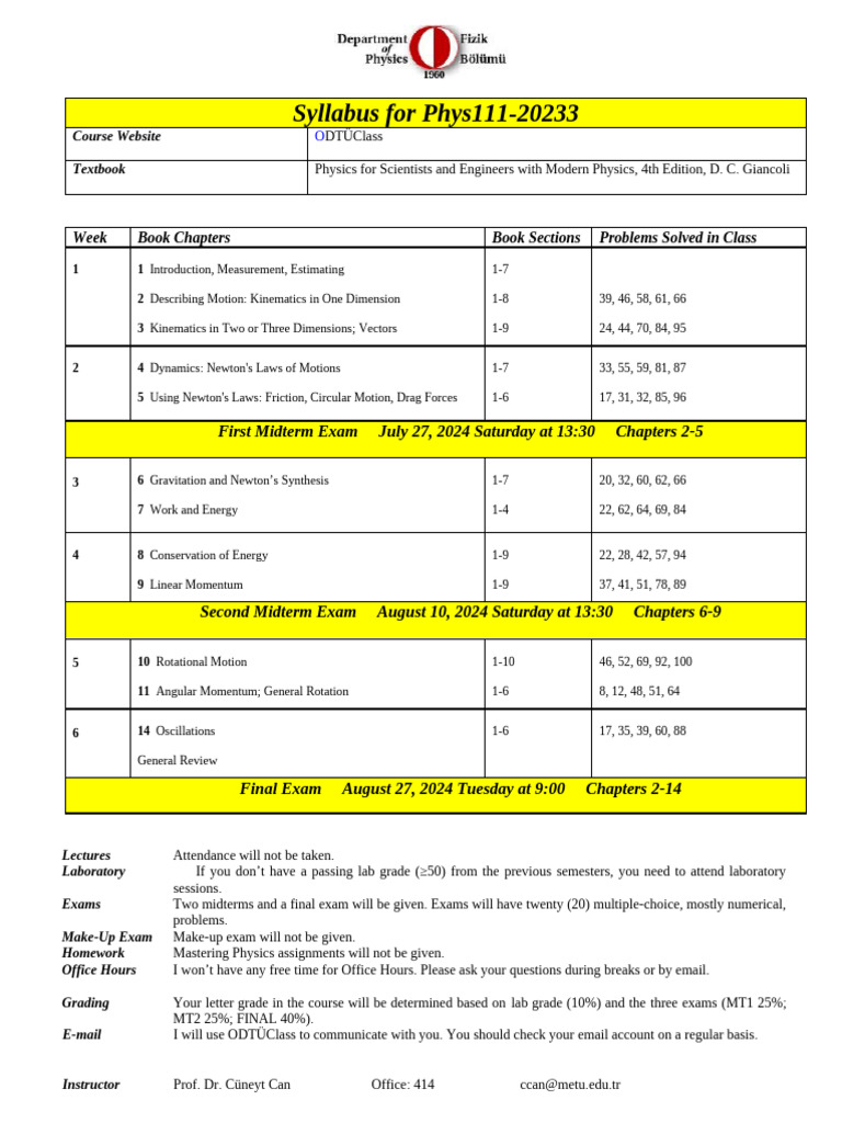 Phys111 20233 Syllabus | PDF