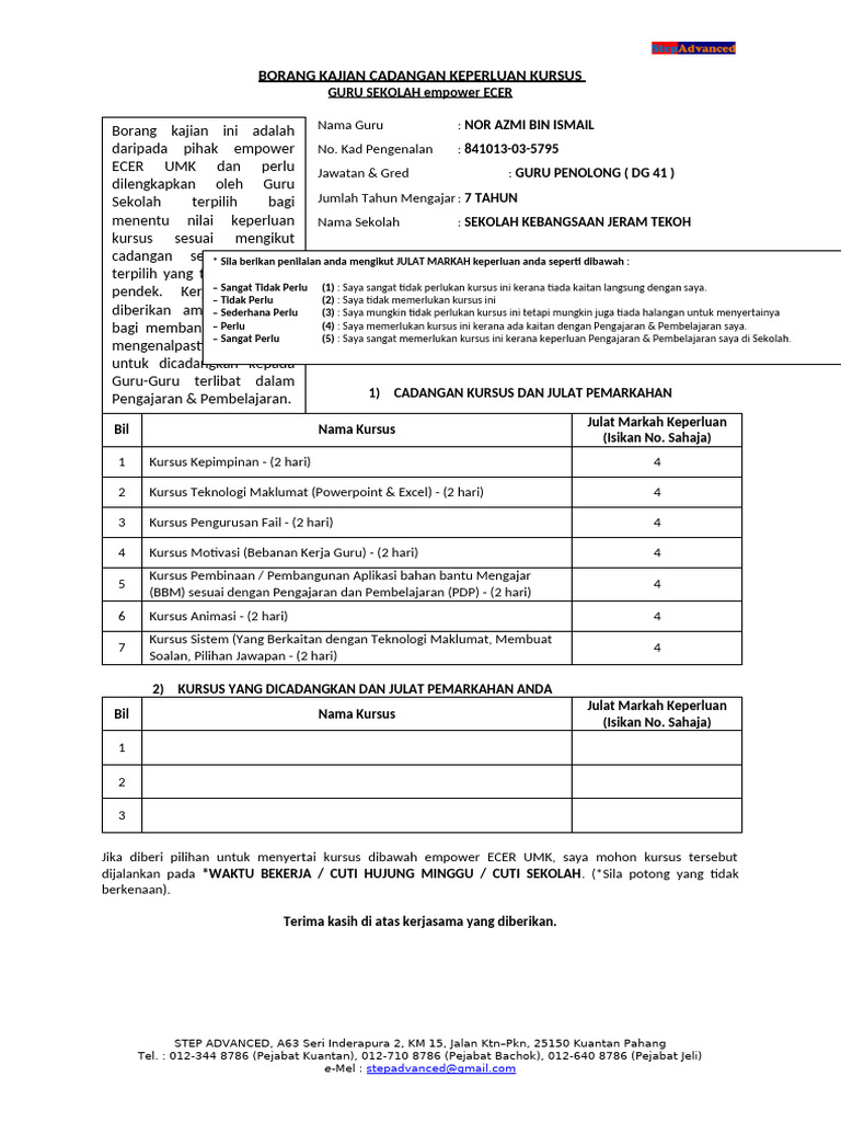 Borang Kajian Cadangan Keperluan Kursus - AZMI | PDF