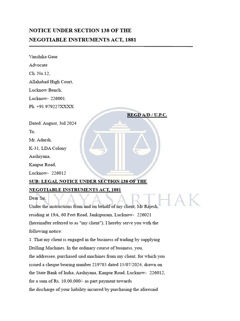 Notice Under Section 138 | PDF