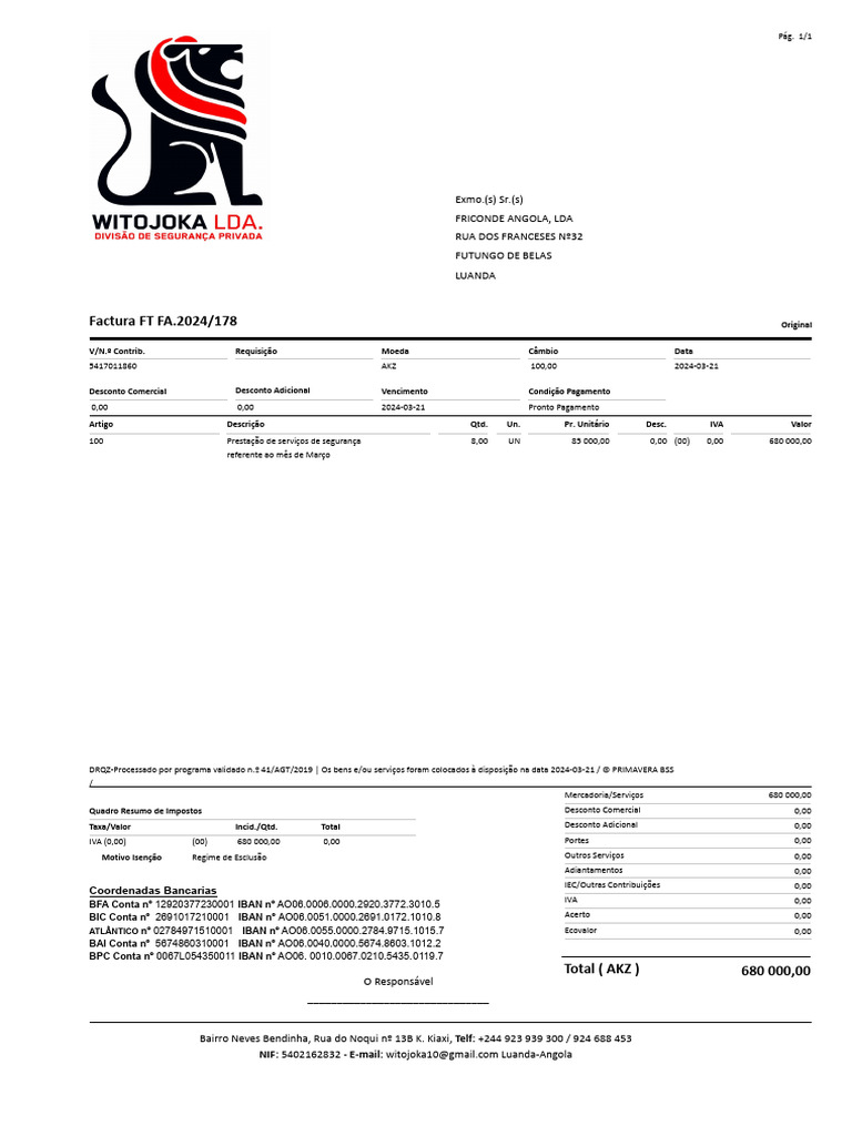 Factura FT FA.2024/178: Friconde Angola, Lda Exmo.(s) SR.(S) | PDF