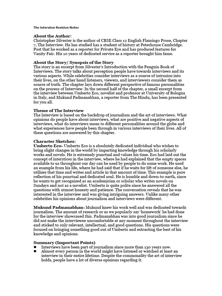 Revision Notes For Cbse Class 12 English Chapter The Interview | PDF