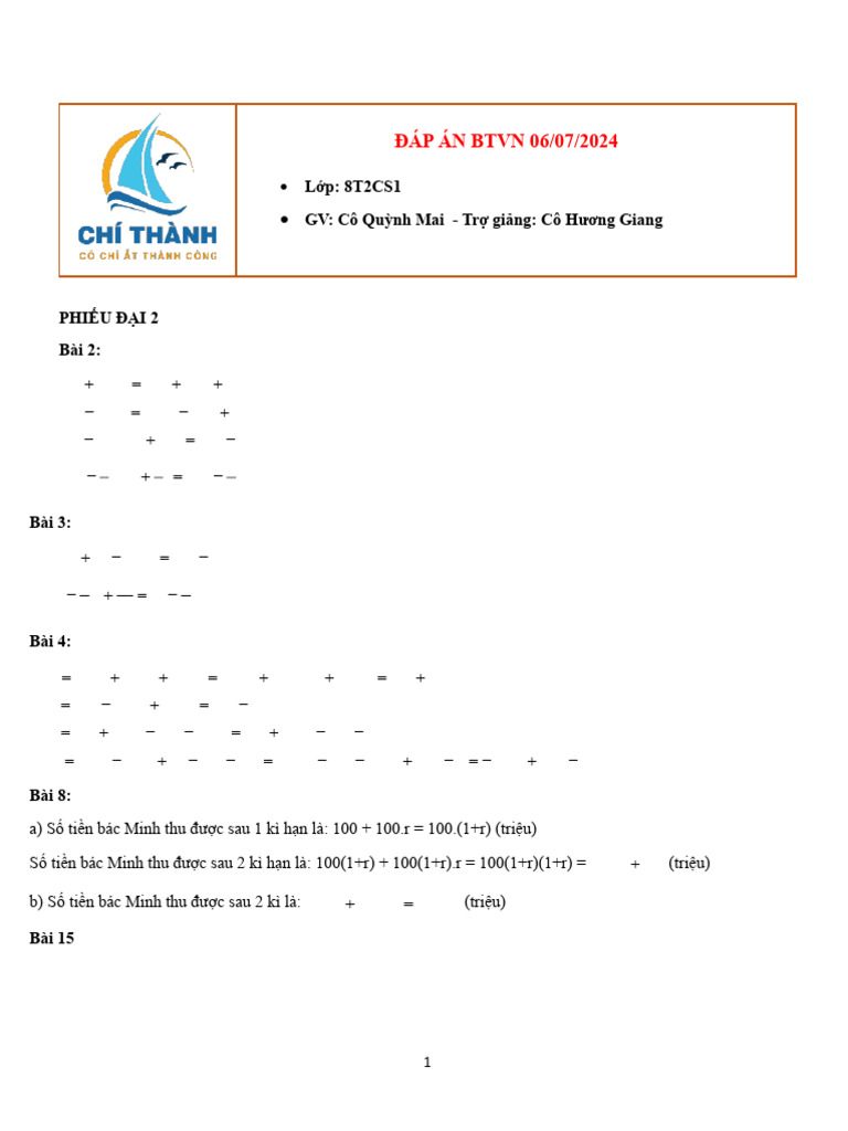 Đáp Án BTVN 8T2CS1 06.07.2024 | PDF