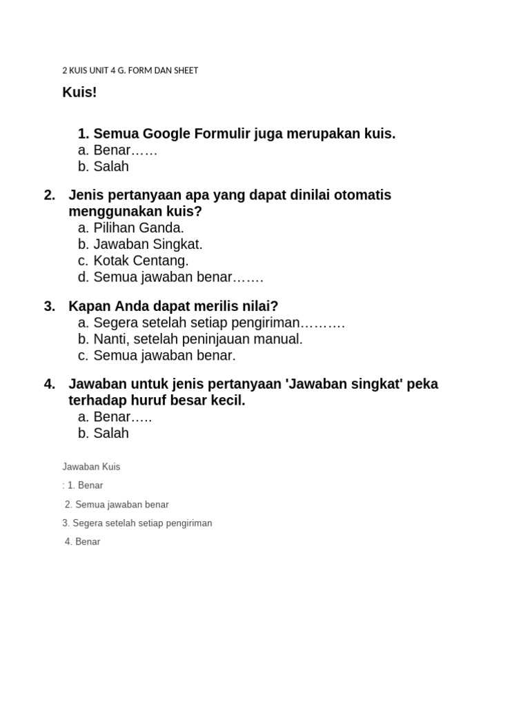 2 Kuis Unit 4 G Form Dan Sheet | PDF