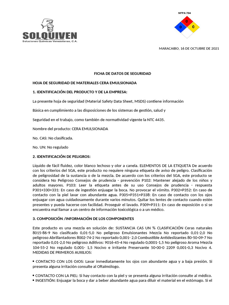 Msds Cera Solquiven | PDF