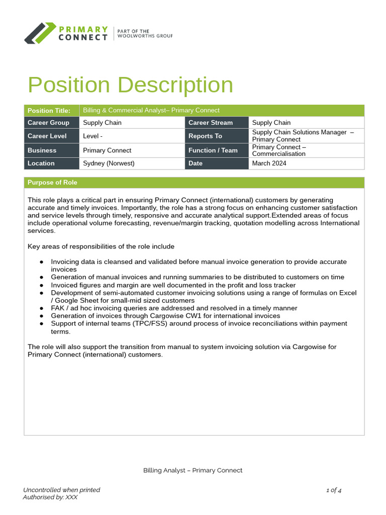 Primary Connect Position Description - Commercial Analyst | PDF