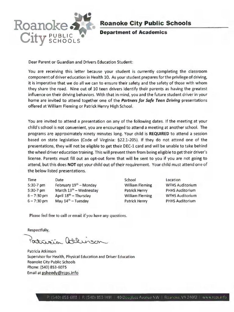 Drivers Education Letter 23-24 | PDF