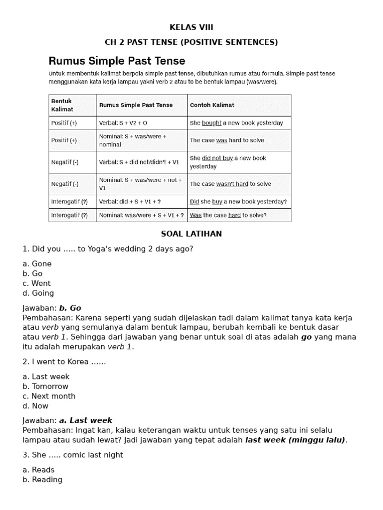 Kelas Viii English Past Tense (Positive Sentence) | PDF
