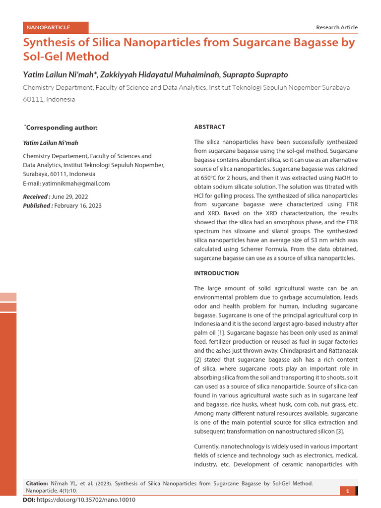 Synthesis of Silica Nanoparticles From Sugarcane Bagasse by Sol Gel Method | PDF