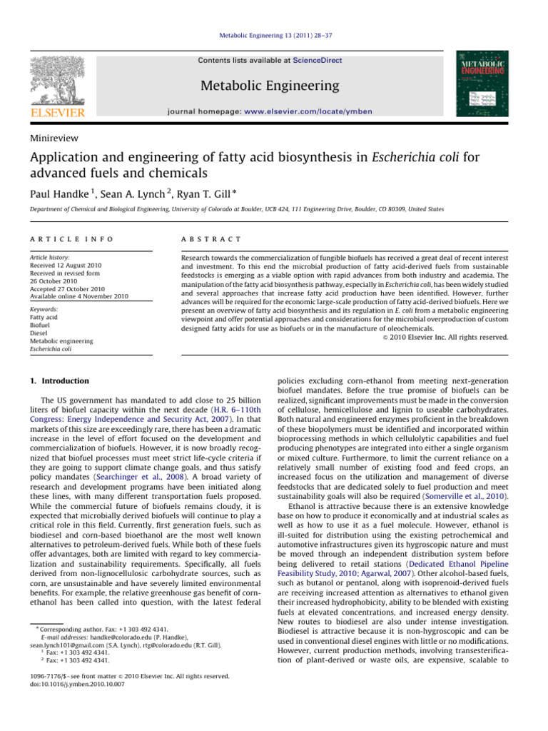 Application and engineering of fatty acid biosynthesis in Escherichia coli for | PDF