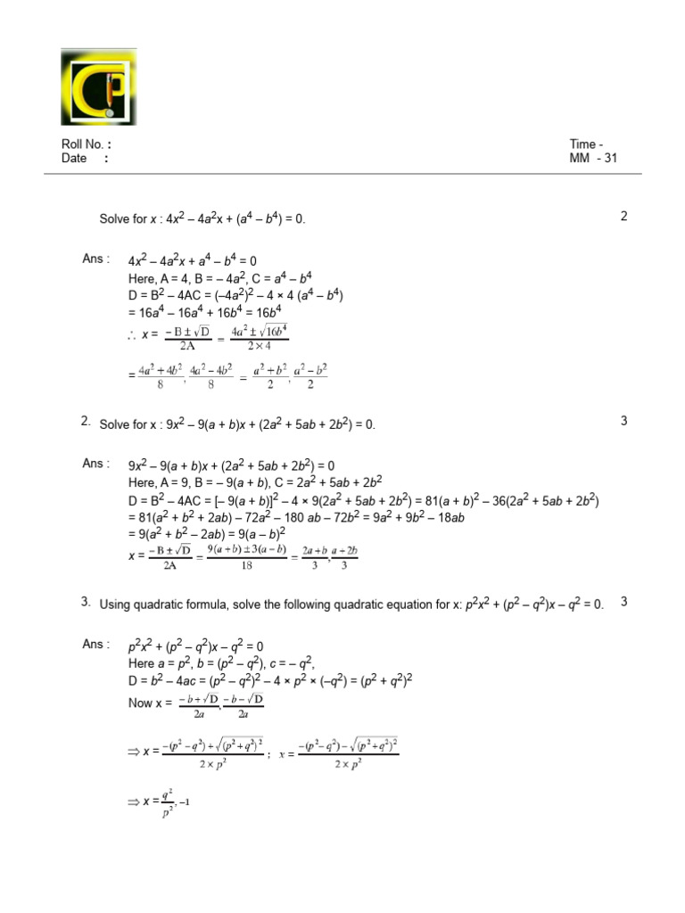 Quadratic Equations Solutions Guide | PDF | Mathematical Concepts | Mathematics