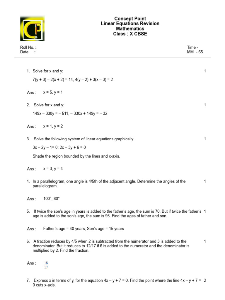 Linear Equations Revision Questions-Answers | PDF | Equations ...