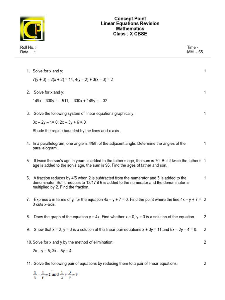 Linear Equations Revision Questions | PDF