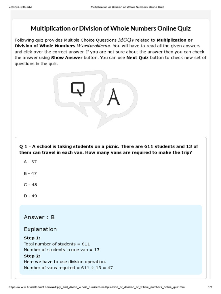 Multiplication or Division of Whole Numbers Online Quiz | PDF