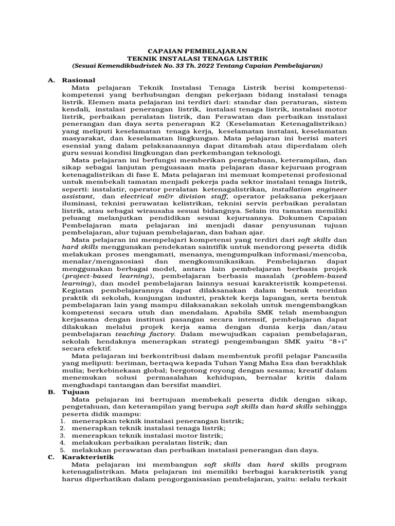 Capaian Pembelajaran Teknik Instalasi Tenaga Listrik Revisi | PDF