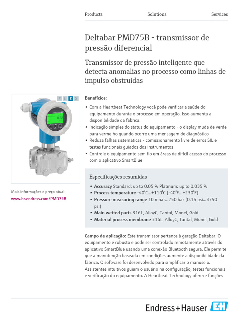 Endress-Hauser Deltabar PMD75B PT | PDF