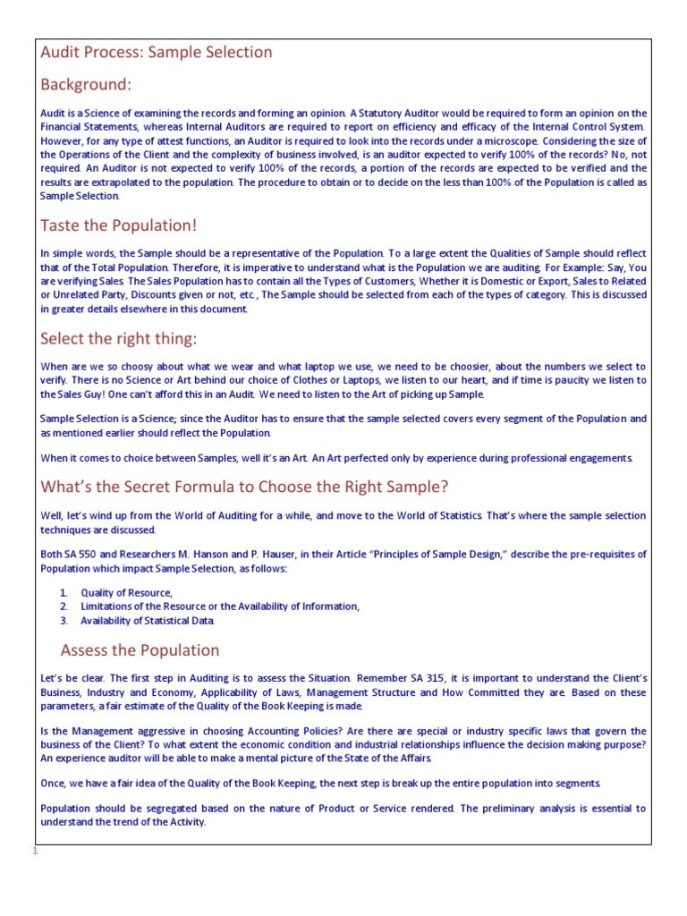 Audit Sample Selection Guide | PDF | Sampling (Statistics) | Financial ...