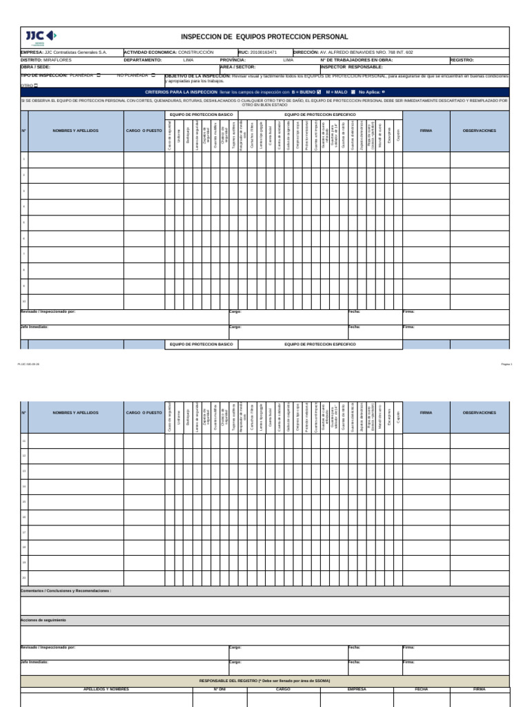 Pl.JJC-SIG-09-28 Inspección de EPP Rev.01 | PDF