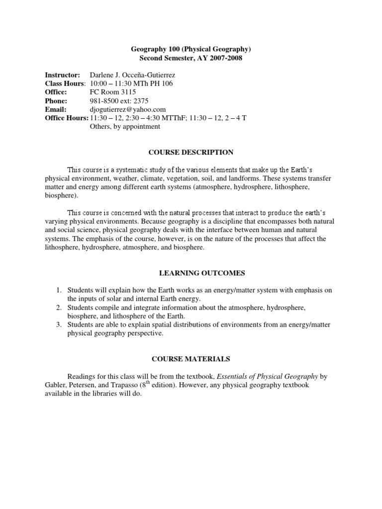 Geography 100 Syllabus Overview | PDF | Geography | Natural Environment
