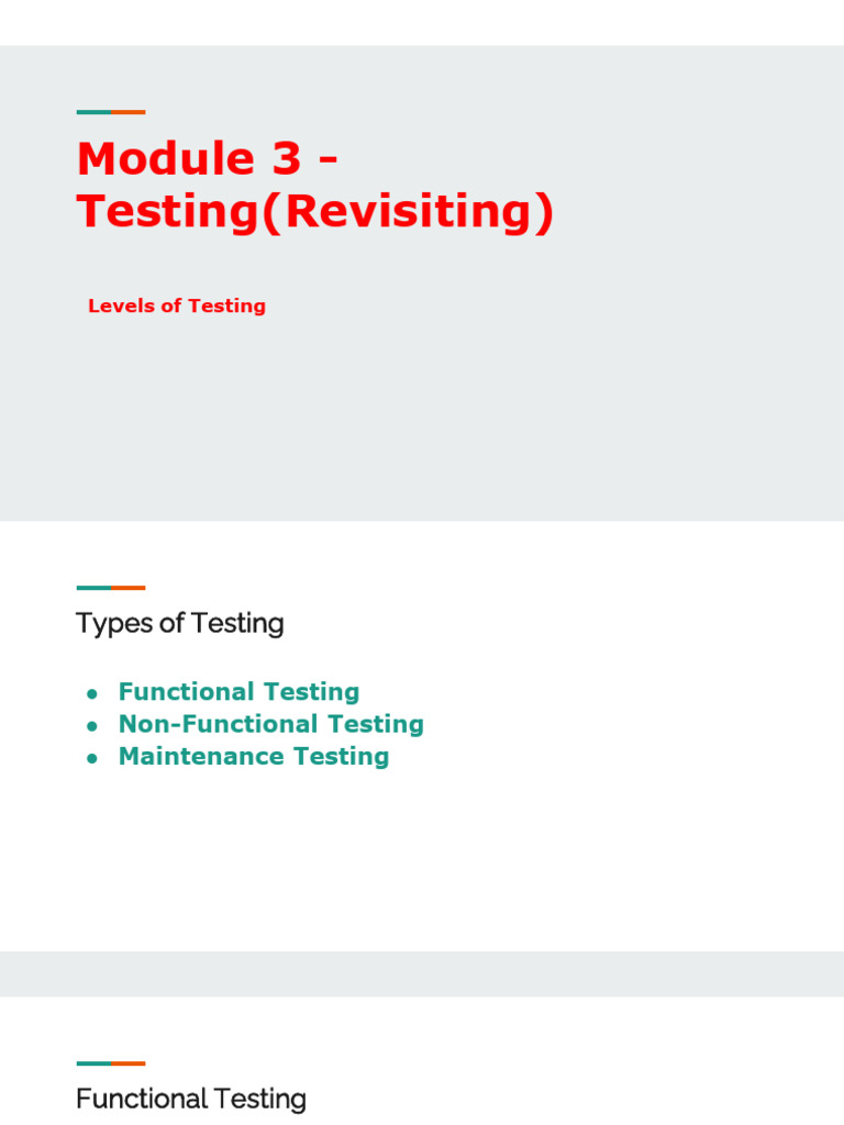 Day 3. Module 3 - Testing (Revisiting) - Levels of Testing | PDF