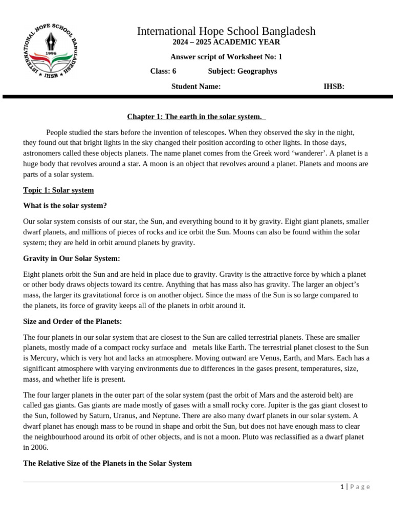 Grade 6 Geography Answer Week 1 | PDF