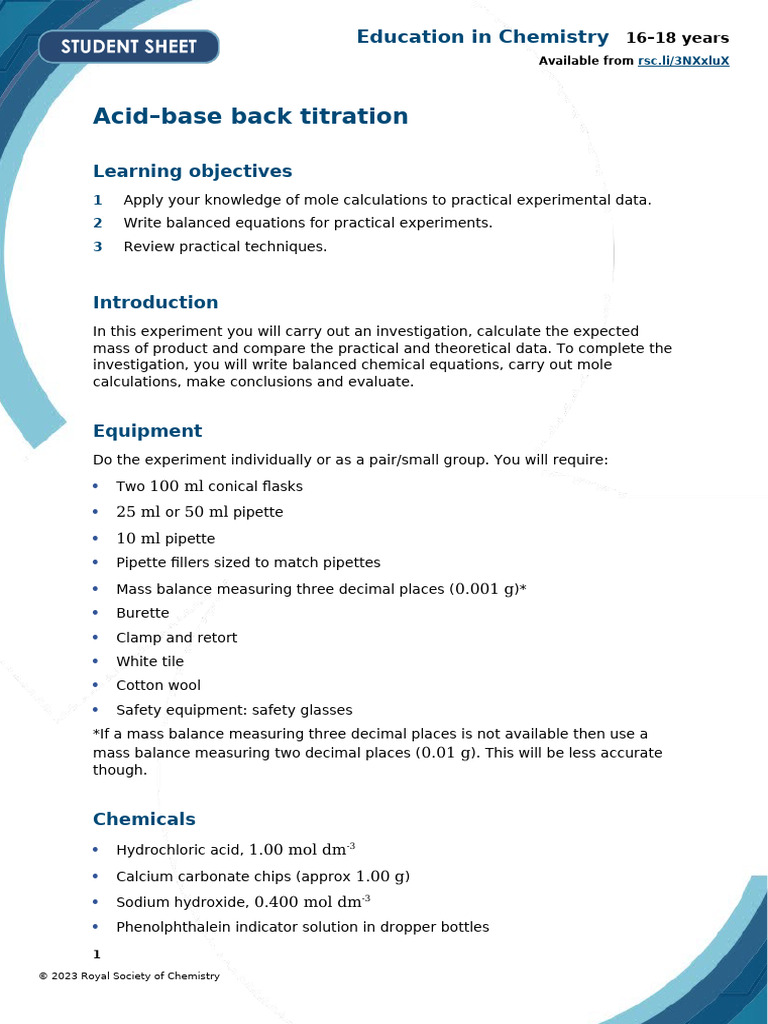 Acid-Base Back Titration: Learning Objectives | PDF