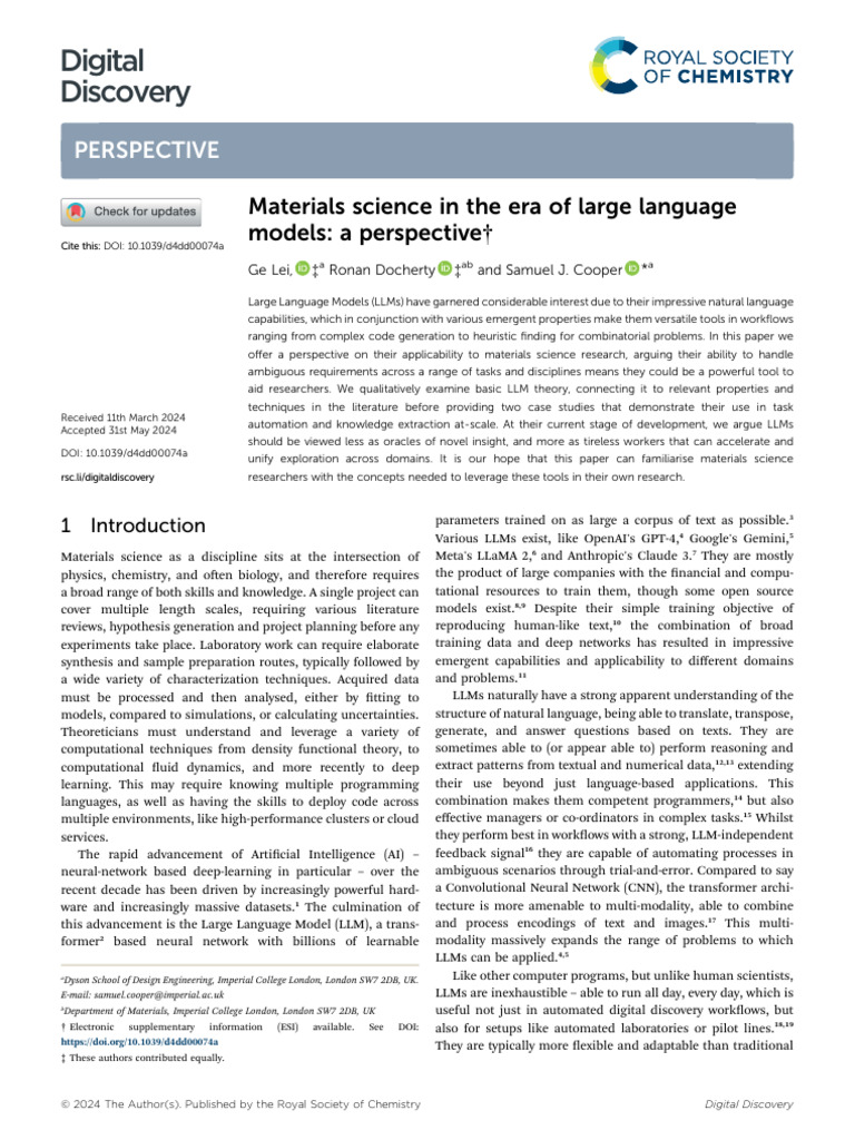 Large Language Models in Materials Science | PDF | Computational ...