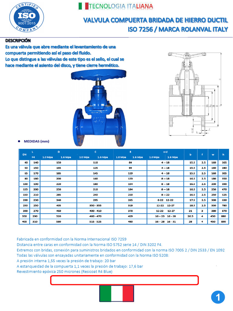 Valvula de Compuerta Bridada de Hierro Ductil Rolalval Italy | PDF