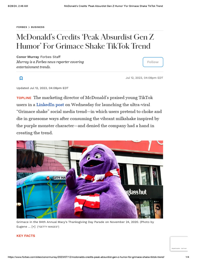 McDonald's Credits Peak Absurdist Gen Z Humor' For Grimace Shake TikTok ...
