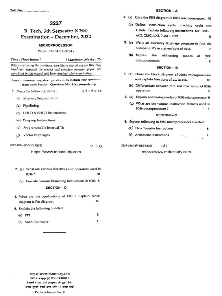 Btech Cse 5 Sem Microprocessor 3227 Dec 2022 | PDF