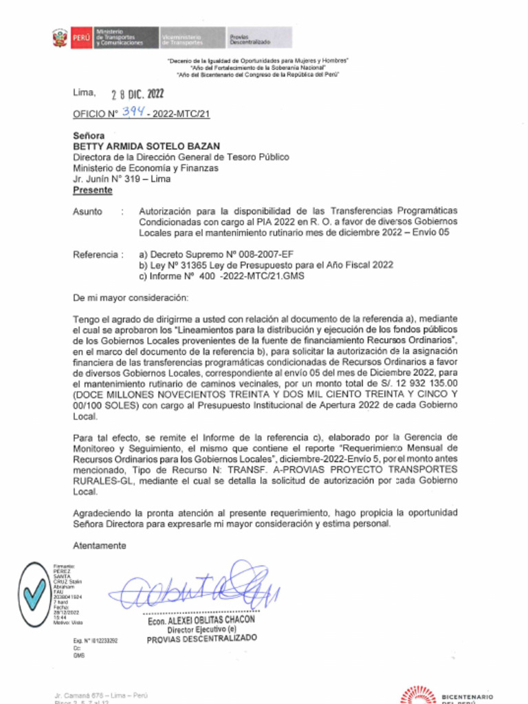 OFICIO N° 394-2022-MTC.21 a MEF | PDF