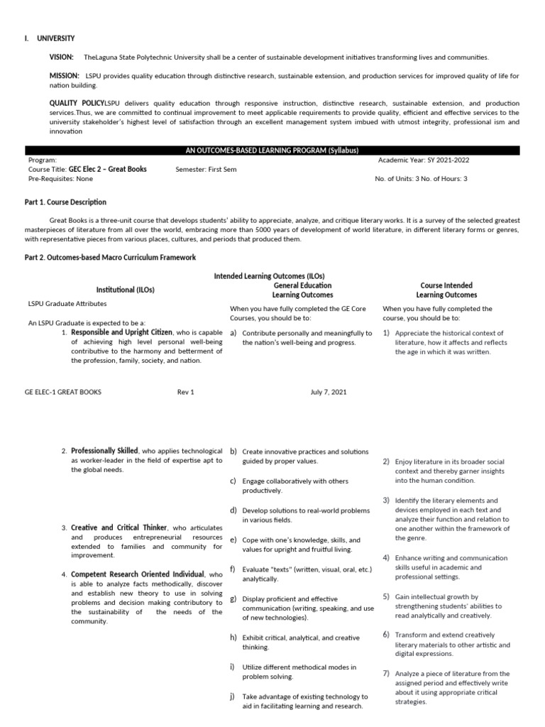 Syllabus For Great Books | PDF