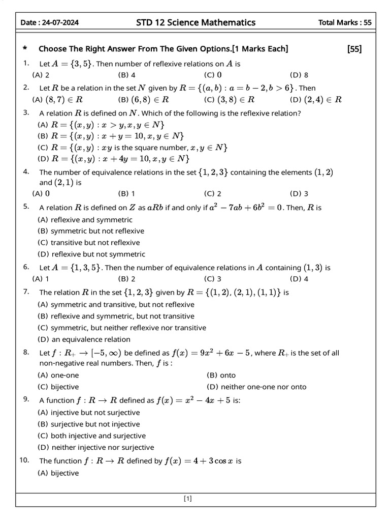 STD 12 Science Mathematics: Choose The Right Answer From The Given ...