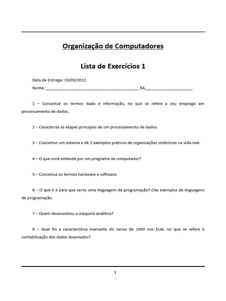 Lista de Exercicios 1 | PDF