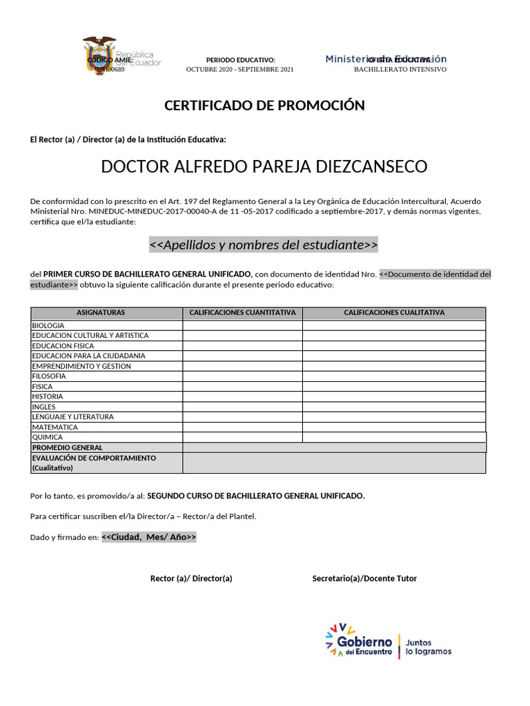 Anexo 2.5 - FORMATO CERTIFICADO DE BACHILLERATO 1ro. | PDF