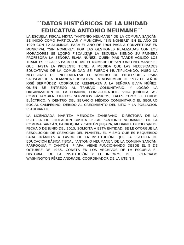 DATOS HISTORICOS DE LA UNIDAD EDUCATIVA | PDF