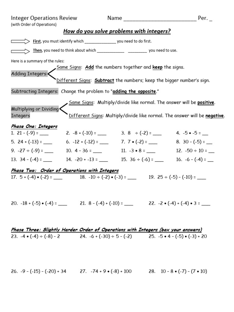 Integersand Orderof Operations Worksheet | PDF