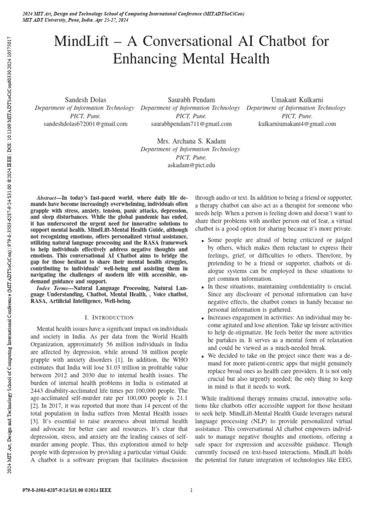 MindLift A Conversational AI Chatbot For Enhancing Mental Health | PDF