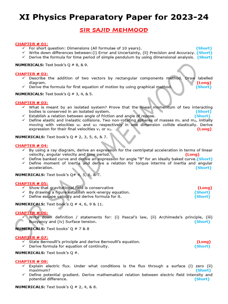 Sir Sajid Prep PPR Phy | PDF | Diffraction | Capacitance