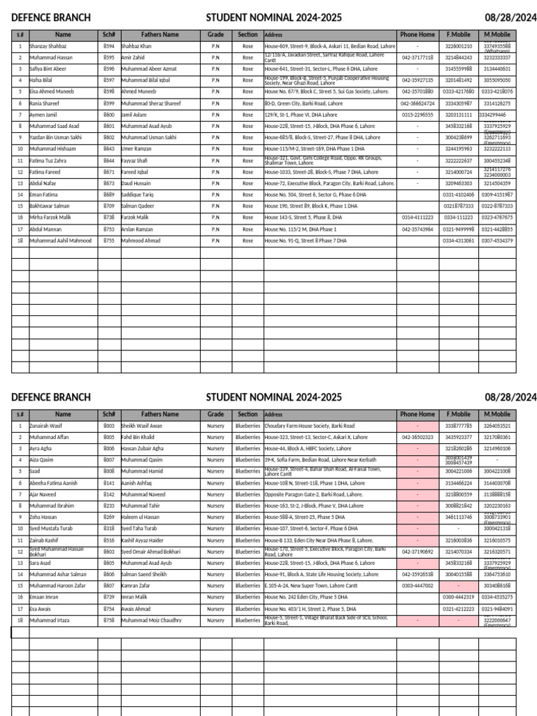 DHA Branch Student Nominal 2024-25 (Updated) | PDF