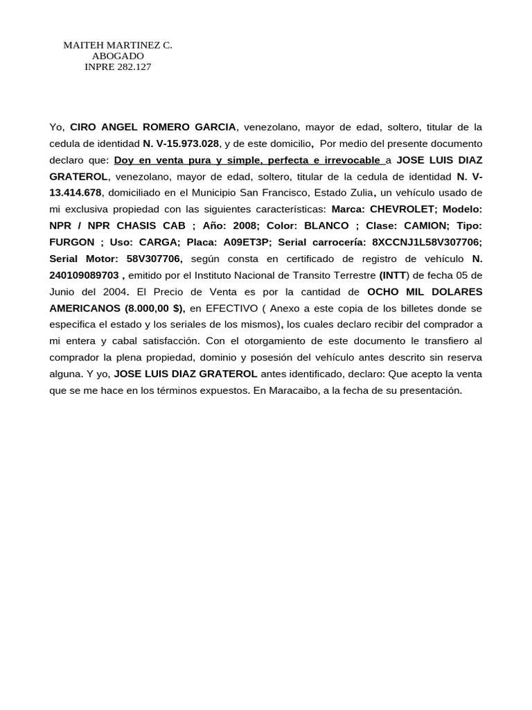 Documento Compra Venta de Vehiculo Jose Luis | PDF