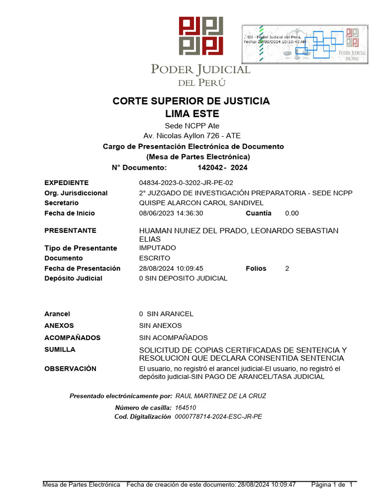 Lima Este Corte Superior de Justicia: Cargo de Presentación Electrónica de Documento (Mesa de ...