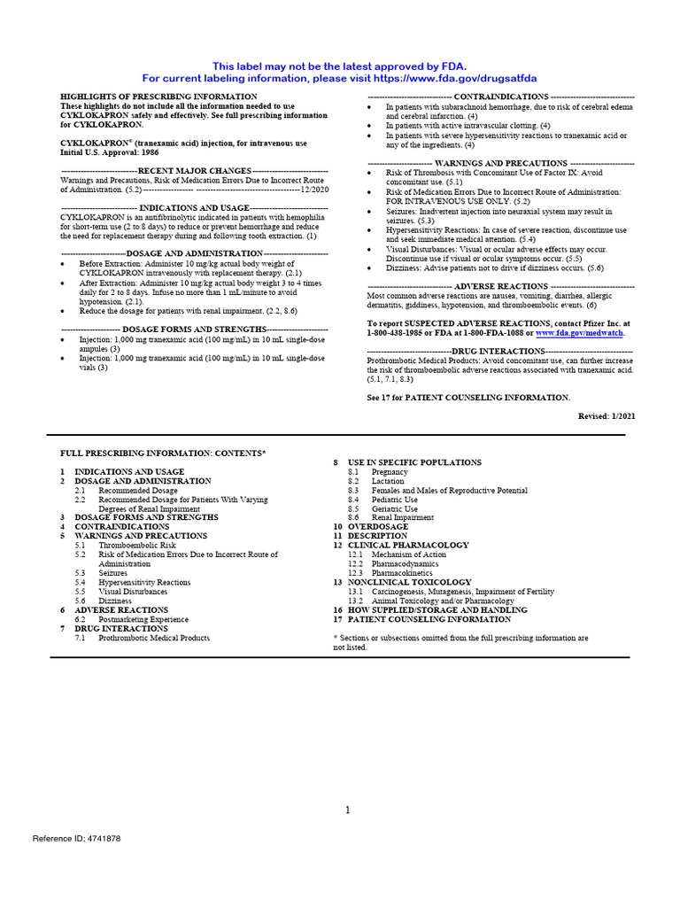 CYKLOKAPRON Is Not Approved and Not Recommended For Neuraxial ...