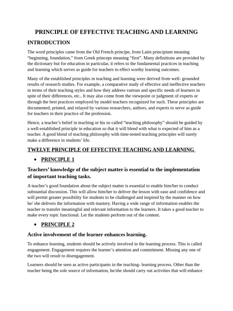 Principle of Effective Teaching and Learning | PDF | Learning | Career ...