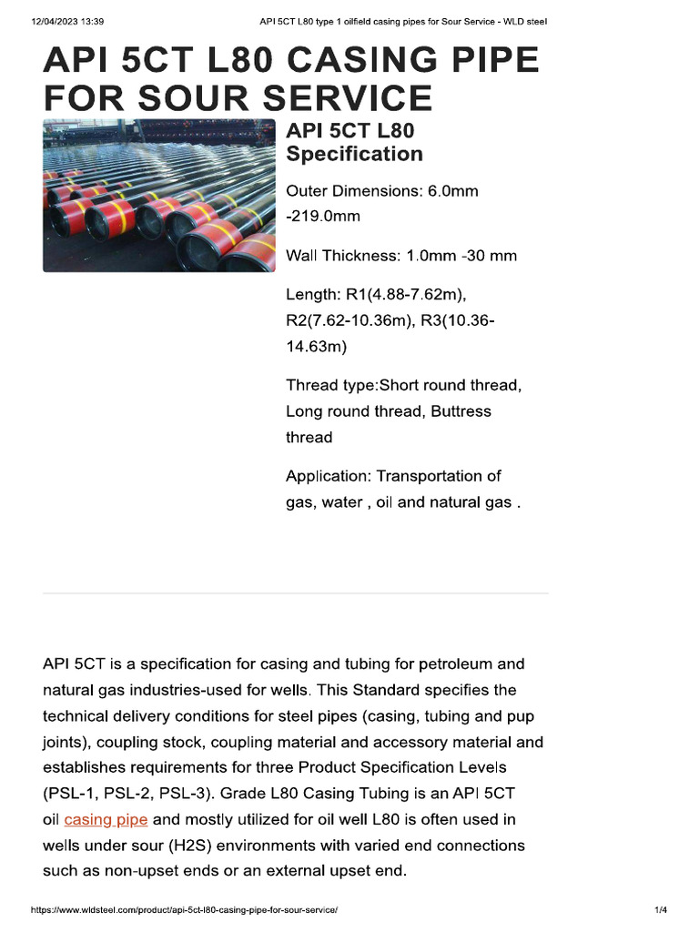 PE - API 5CT L80 Type 1 Oilfield Casing Pipes For Sour Service - WLD ...